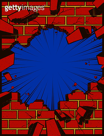 Pop art comics hole in brick wall torn down exploding cartoon vector ...
