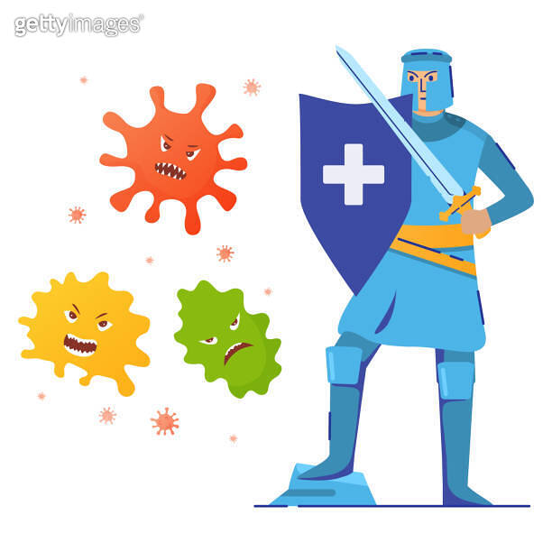 Disease protection.Knight fights bacteria attack with shield and a ...