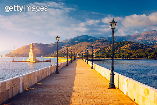 View of the De Bosset Bridge in Argostoli city on Kefalonia island. De ...