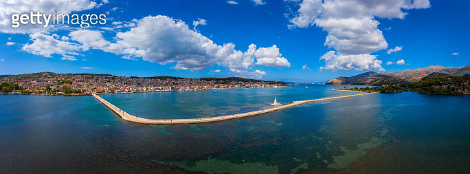 Aerial view of the De Bosset Bridge in Argostoli city on Kefalonia ...