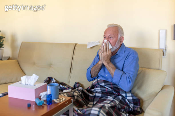 Sick Older Man in the Bed with Seasonal Allergy and High Temperature ...