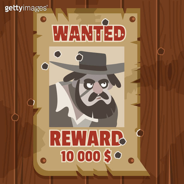 Wanted for reward poster. Portrait of cowboy robber. Western poster on ...