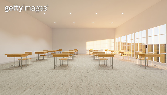 3d rendering of new normal classroom interior and spacing tables and ...