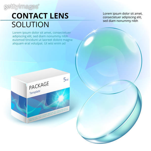 Ads template with realistic contact lens, water splash and medicine ...