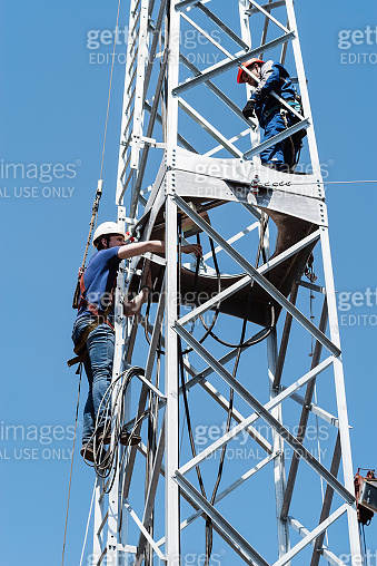 Construction work on the installation of a wind power plant. High ...