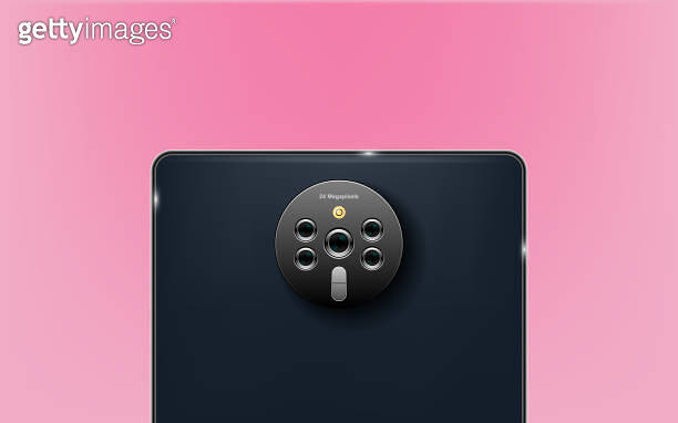 Rear view of a new modern triple camera phone. Five multifunction ...
