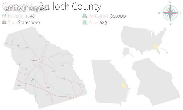 Map of Bulloch County in Georgia 이미지 (1278951739) - 게티이미지뱅크