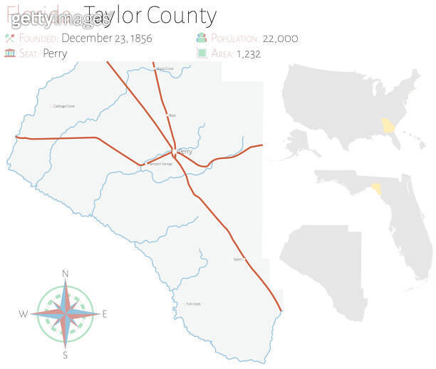 Map of Taylor County in Florida 이미지 (1249553342) - 게티이미지뱅크