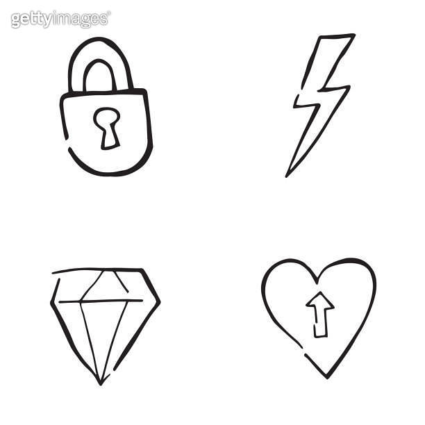 Hand drawn doodle icon objects. Locked padlock, electric, diamond and ...