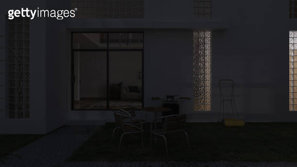 Dimly Illuminated Patio of a Duplex House at Night 이미지 (1265148320 ...
