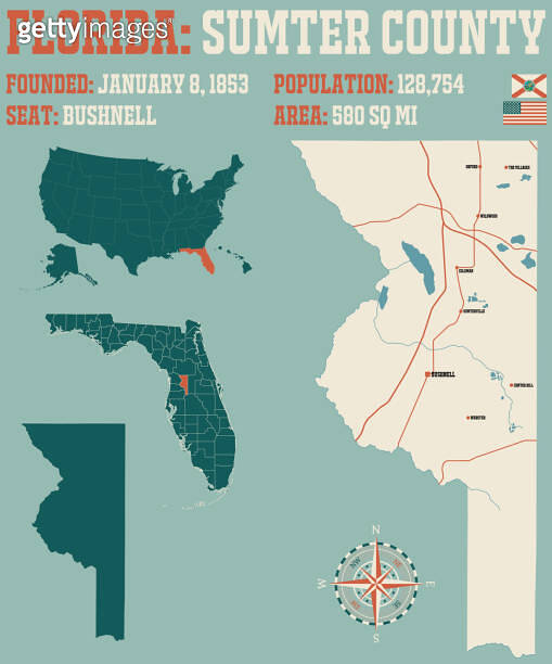 Map of Sumter County in Florida (1225955657) 일러스트, 무료 일러스트 - 게티이미지뱅크