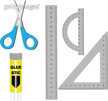 School supplies set. Scissor,ruler and glue stick, vector illustration ...