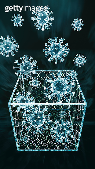 3D model of the virus in a closed cage on a dark background 이미지 ...