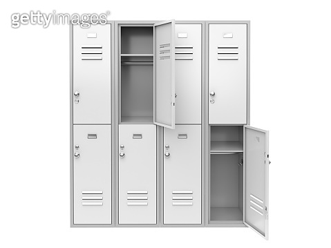 White metal locker with open doors. Two level compartment. 3d rendering ...