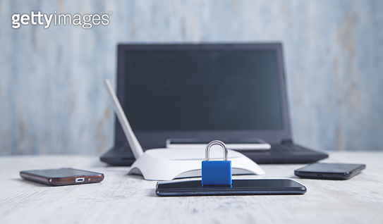 Padlock with smartphones, internet router, laptop. Security 이미지 ...