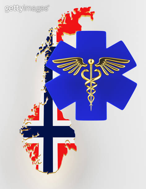 Caduceus sign with snakes on a medical star. Map of Norway land border ...