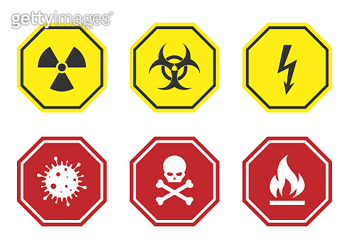 Warning signs set - danger, radiation, biohazard, death, voltage, flame ...