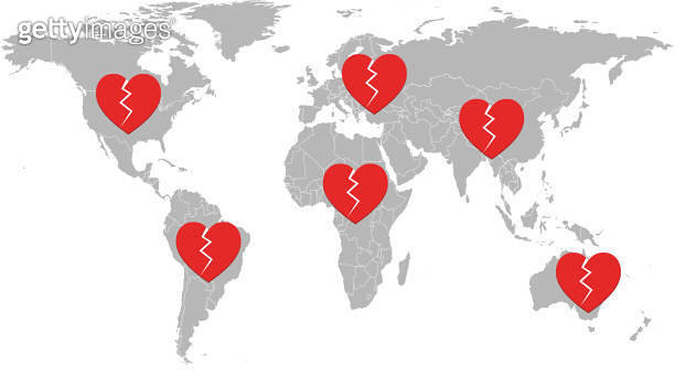 World map broken hearts 이미지 (1218595735) - 게티이미지뱅크