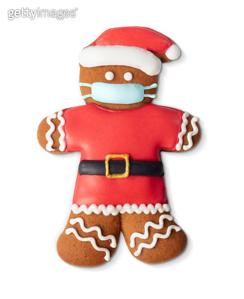 Classic gingerbread cookie man with medical mask isolated on white 이미지 ...