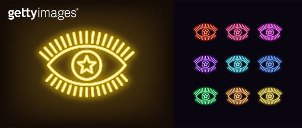 Neon magic eye icon. Glowing neon eye sign with star iris, spiritual ...