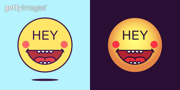 Emoji face icon with phrase Hey. Cheerful emoticon with text Hey. Set ...
