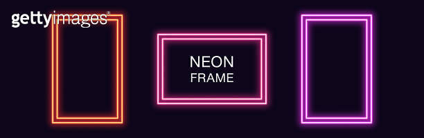 Neon rectangle Frame. Set of rectangular neon Border with double ...