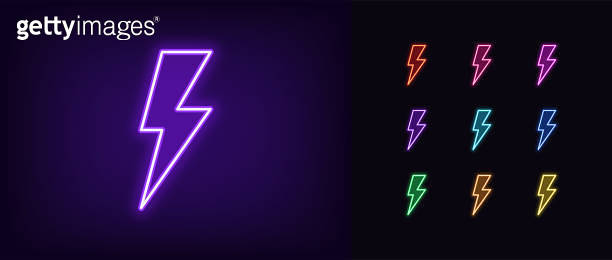 Neon lightning bolt icon. Glowing neon thunder flash sign, electrical ...