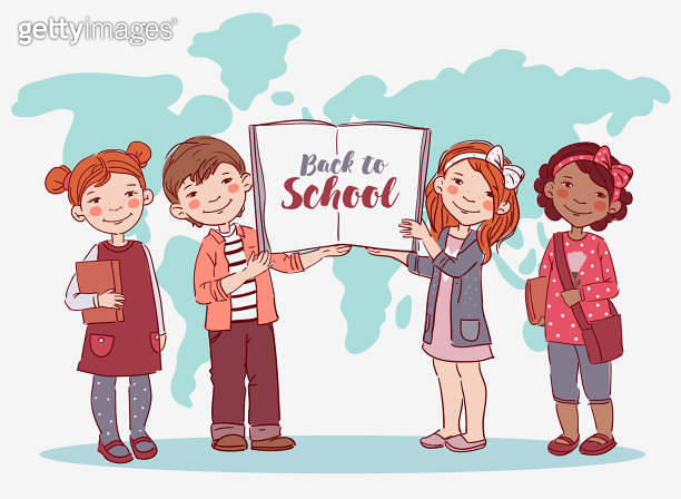 Cute boys and girls with books. Back to school vector concept 이미지 ...