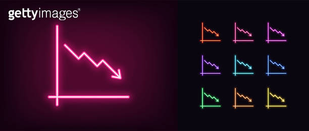 Neon downfall chart icon. Glowing neon drop chart sign, down arrow ...