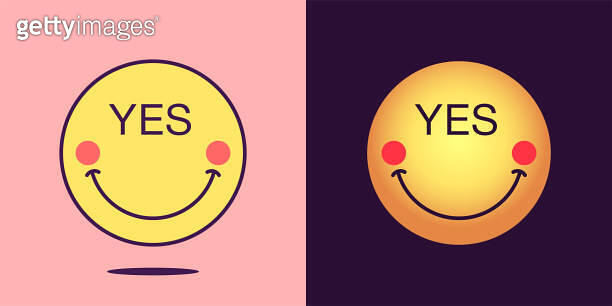 Emoji face icon with phrase Yes. Emoticon with text Yes. Set of cartoon ...