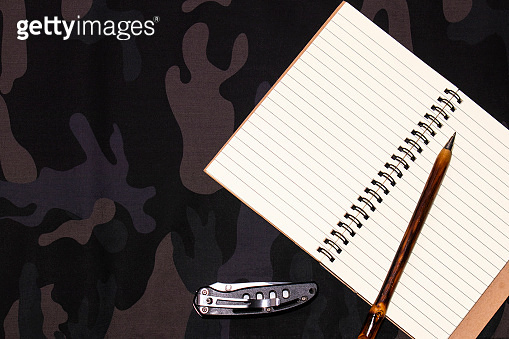 Hunting background. Blank notepad on a military camouflage background ...