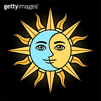 Stylized half sun and moon face 이미지 (1263391058) - 게티이미지뱅크