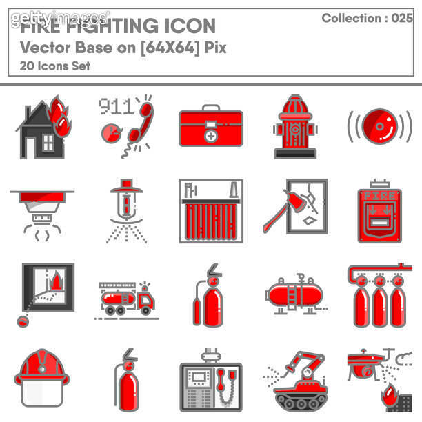 Firefighting and Fire Protection System Safety Icon Set, Firefighter ...