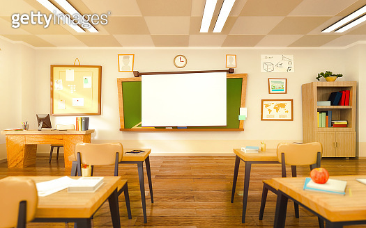 Empty school classroom in cartoon style. Education concept without ...