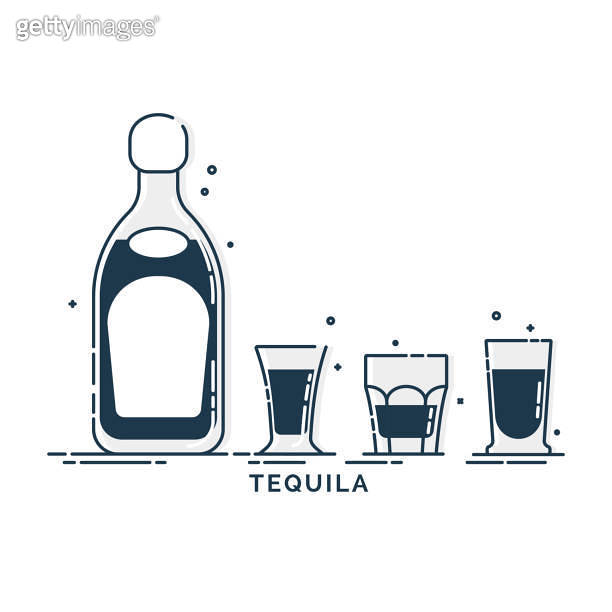 Bottle and glass tequila line art in flat style. Restaurant alcoholic ...