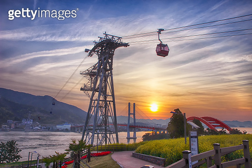 Aerial View of Sacheon Cable Car at Sunrise, Sacheon, Gyeongnam, South ...
