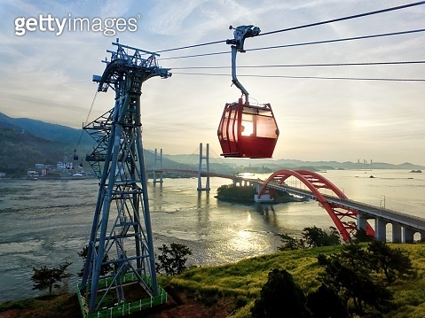 Aerial View of Sacheon Cable Car at Sunrise, Sacheon, Gyeongnam, South ...
