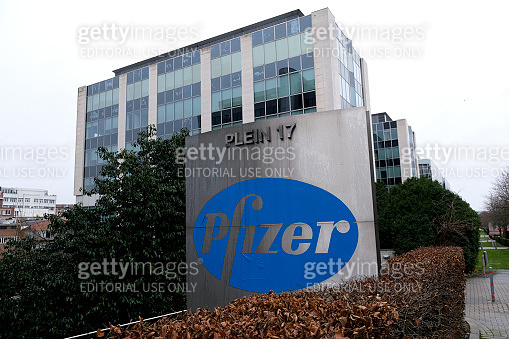 Exterior view of Pfizer Pharmaceutical company's offices in Brussels ...