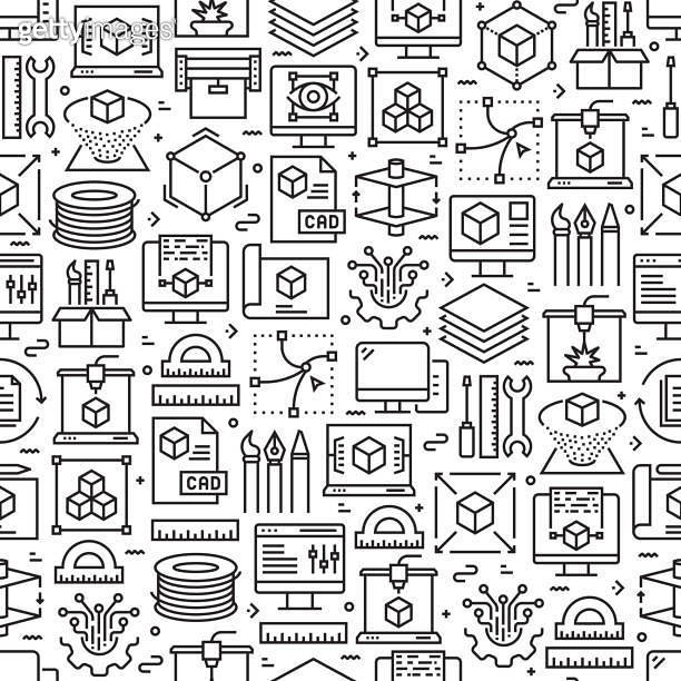 3d Printing Technology Related Seamless Pattern And Background With Line Icons Editable Stroke 
