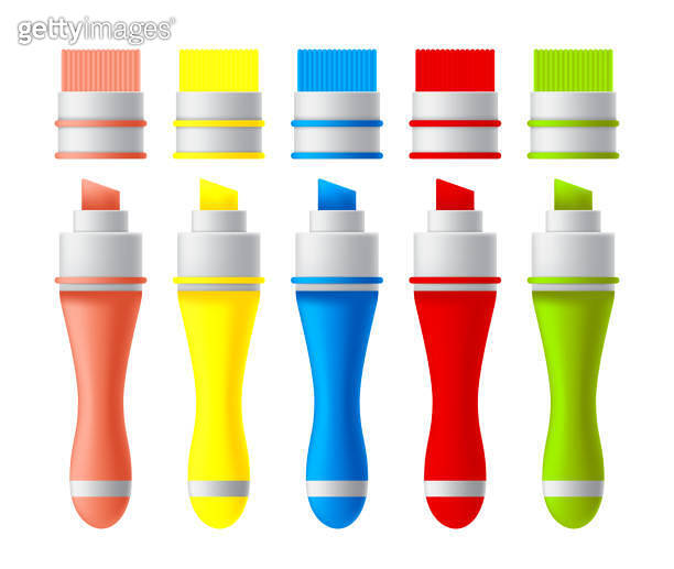 Set of colorful markers. Vector realistic highlighters, felt tip marker ...