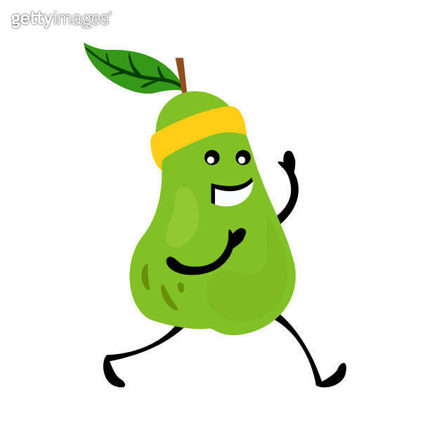 Sport running pear character. Funny fruit food on sport exercises ...