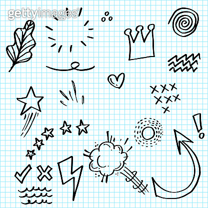 doodle set elements on paper. Arrow, heart, love, star, leaf, sun ...