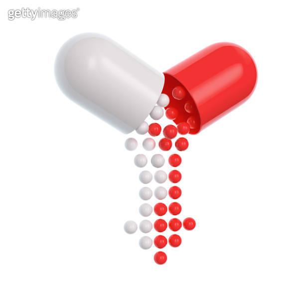 Opened red white pill capsule with arrow shaped crimson granules. 3d ...