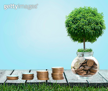 Isolated tree and grass in the bank of couns and stack of couns on the ...