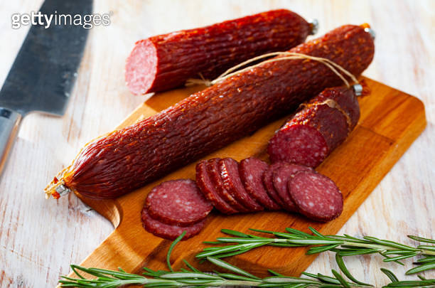 Russian raw smoked sausage with fresh herbs 이미지 (1205802675) - 게티이미지뱅크