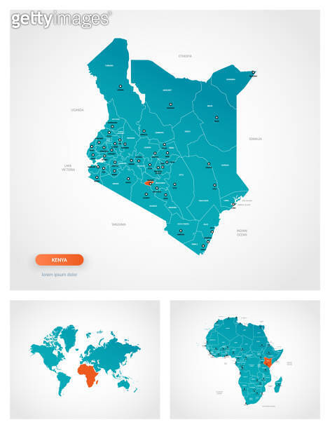 Editable template of map of Kenya with marks. Kenya on world map and on ...