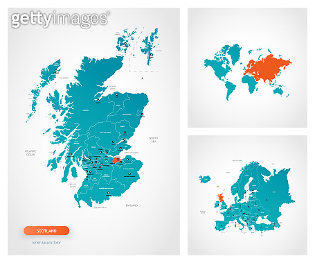 Editable template of map of Scotland with marks. Scotland on world map ...