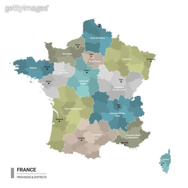 France higt detailed map with subdivisions. Administrative map of ...