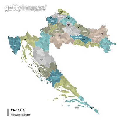 Croatia higt detailed map with subdivisions. Administrative map of ...