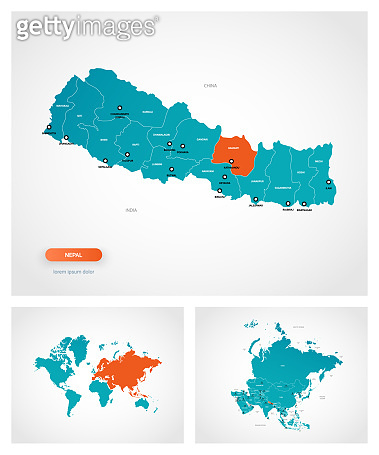 Editable template of map of Nepal with marks. Nepal on world map and on ...